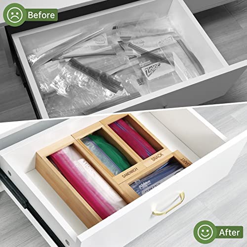 Ziplock Bag Organizer, Natural Bamboo Drawer Organizer for Kitchen, Plastic Bag Holder, Food Storage Bags Holder, Compatible with Ziploc, Solimo, Hefty, Glad. Container for Gallon, Quart, Sandwich, Snack, and Slider Bag with Extra 10pcs Mylar Bags for Foo