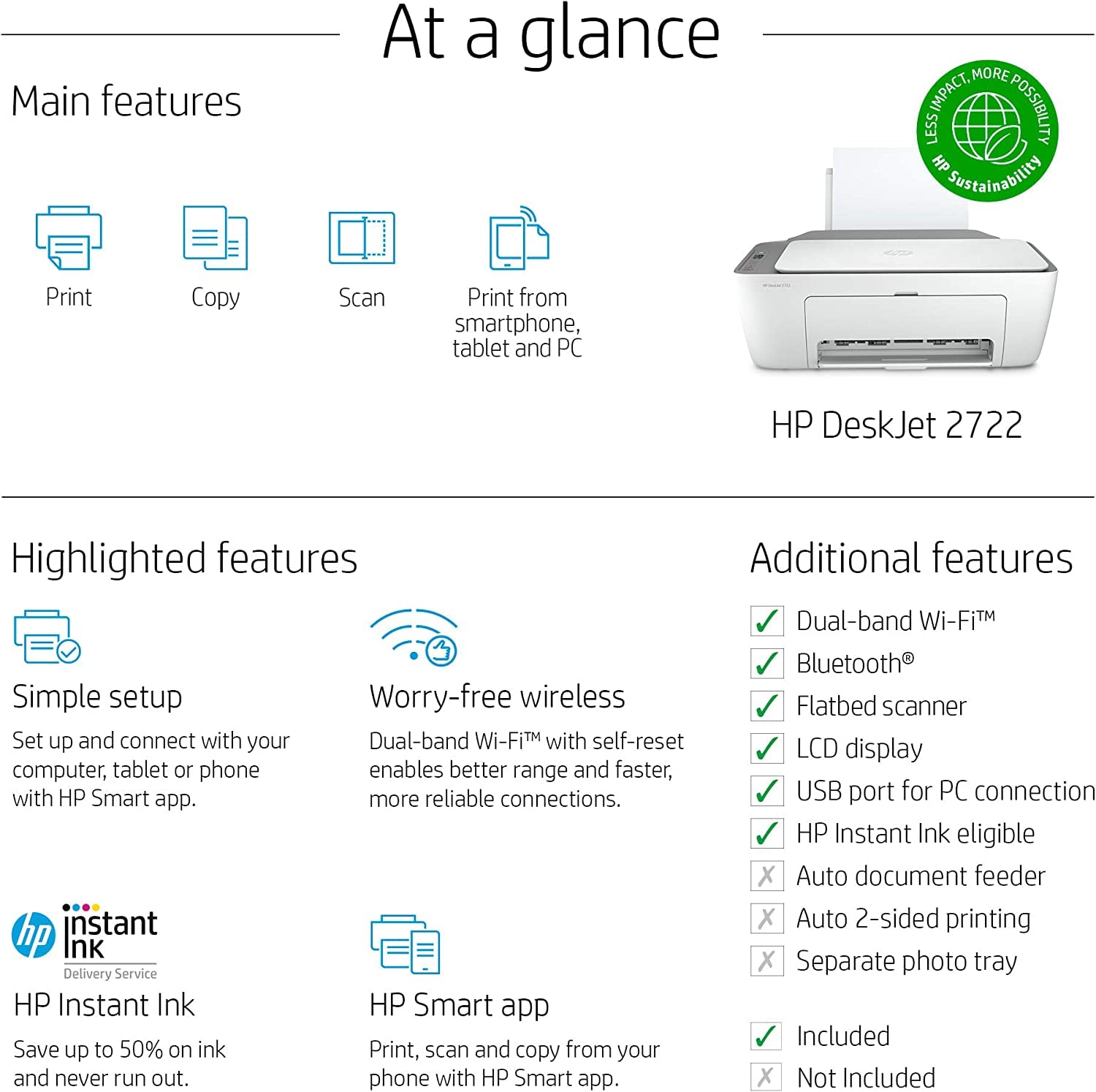 HP DeskJet 27 22 All-in-One Wireless Color Inkjet Printer, White - Print, Scan, Copy - 1200 x 1200 dpi, Flatbed Scanner, Icon LCD Display, WiFi, Bluetooth, USB Connectivity, CBMOUN Printer Cable