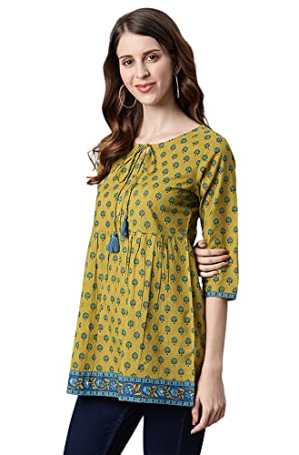 Janasya Indian Women's Green Cotton Tunic(JNE3688-TU-S)