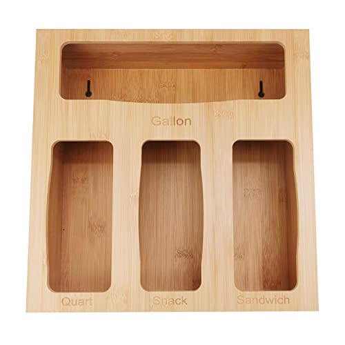 Ziplock Bag Storage Organizer, Premium Bamboo Kitchen Food Baggie Dispenser Box for Drawer, Compatible with Most Brands Gallon Bag, Quart Bag, Sandwich Bag, Snack Bag(1Box 4 Slots)