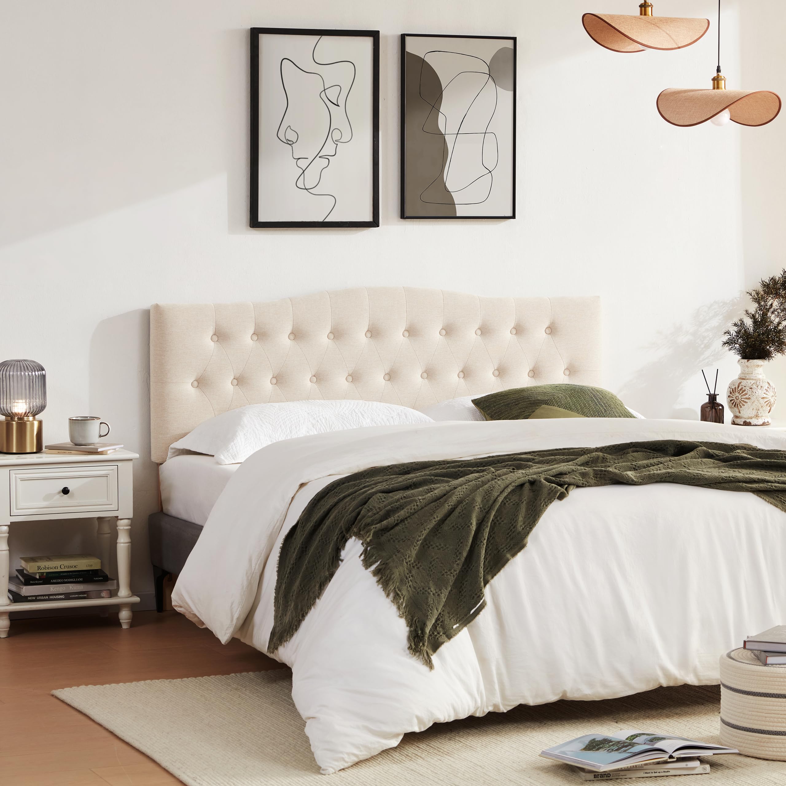 Huatean Home Tufted Upholstered Headboard Queen Size, Sturdy and Durable Solid Wood Bed headboard, Fabric Headboard Adjustable Height from 37β to 51β, Modern Button Diamond Design Head Board, Beige