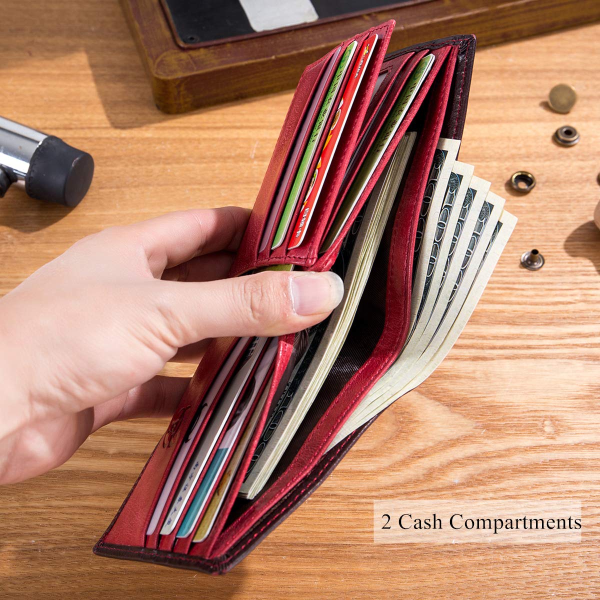 BULLCAPTAIN RFID Wallets for Men Slim Bifold Genuine Leather Front Pocket Wallet with 2 ID Windows QB-05 (Red)