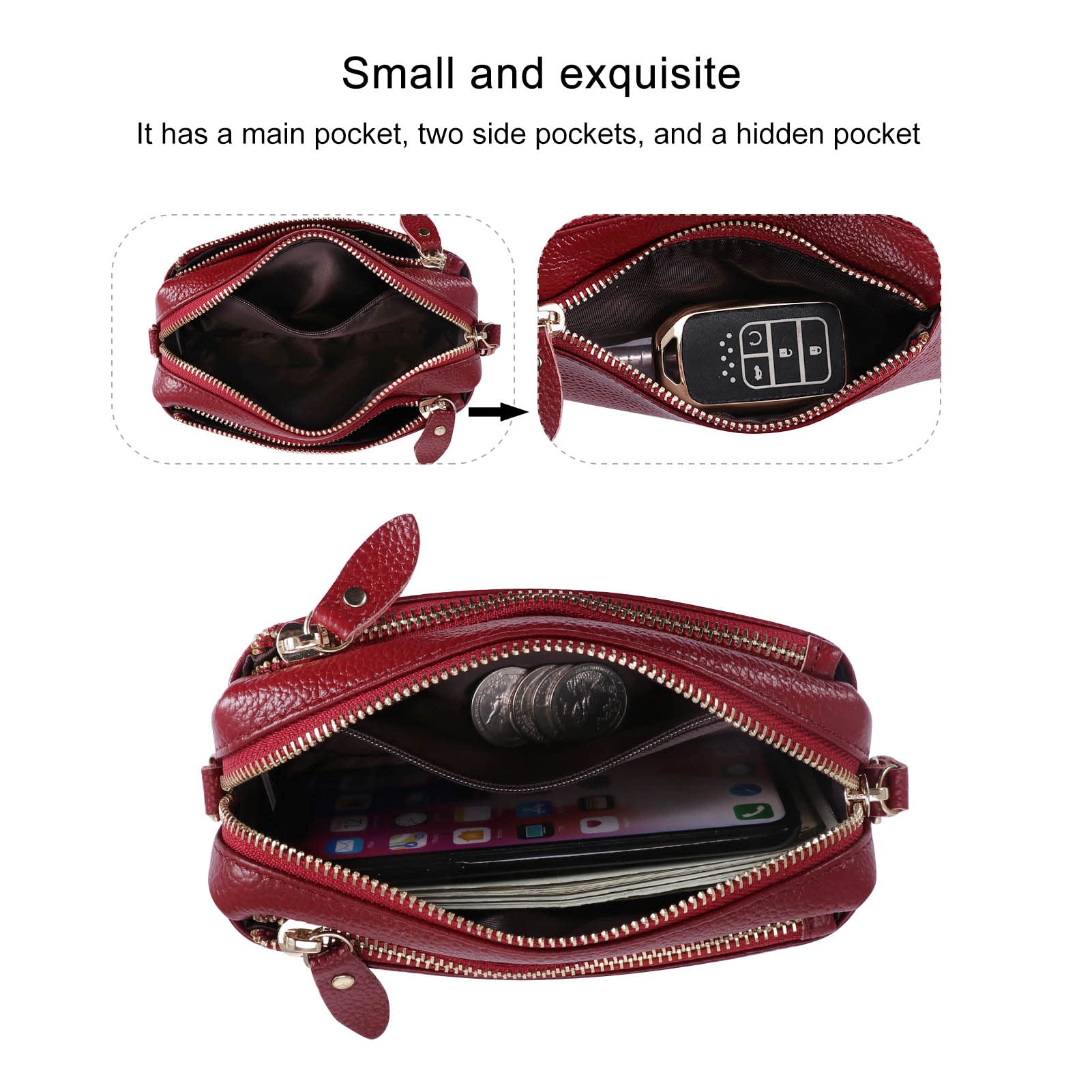 Phenas Small Leather Crossbody Bag CellPhone Purse Mini Shoulder Handbag with Wristlet Clutch Purse for Women Girls