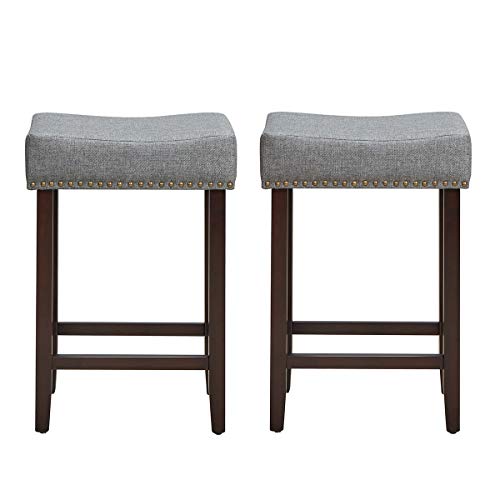 COSTWAY Saddle Stools Set of 2, 24-inch Counter Height Backless Stools with Brass Nailhead Trim, Solid Wood Legs, Foot Rest, Max Load 264 Lbs, Upholstered Bar Chair for Kitchen Island Pub, Grey