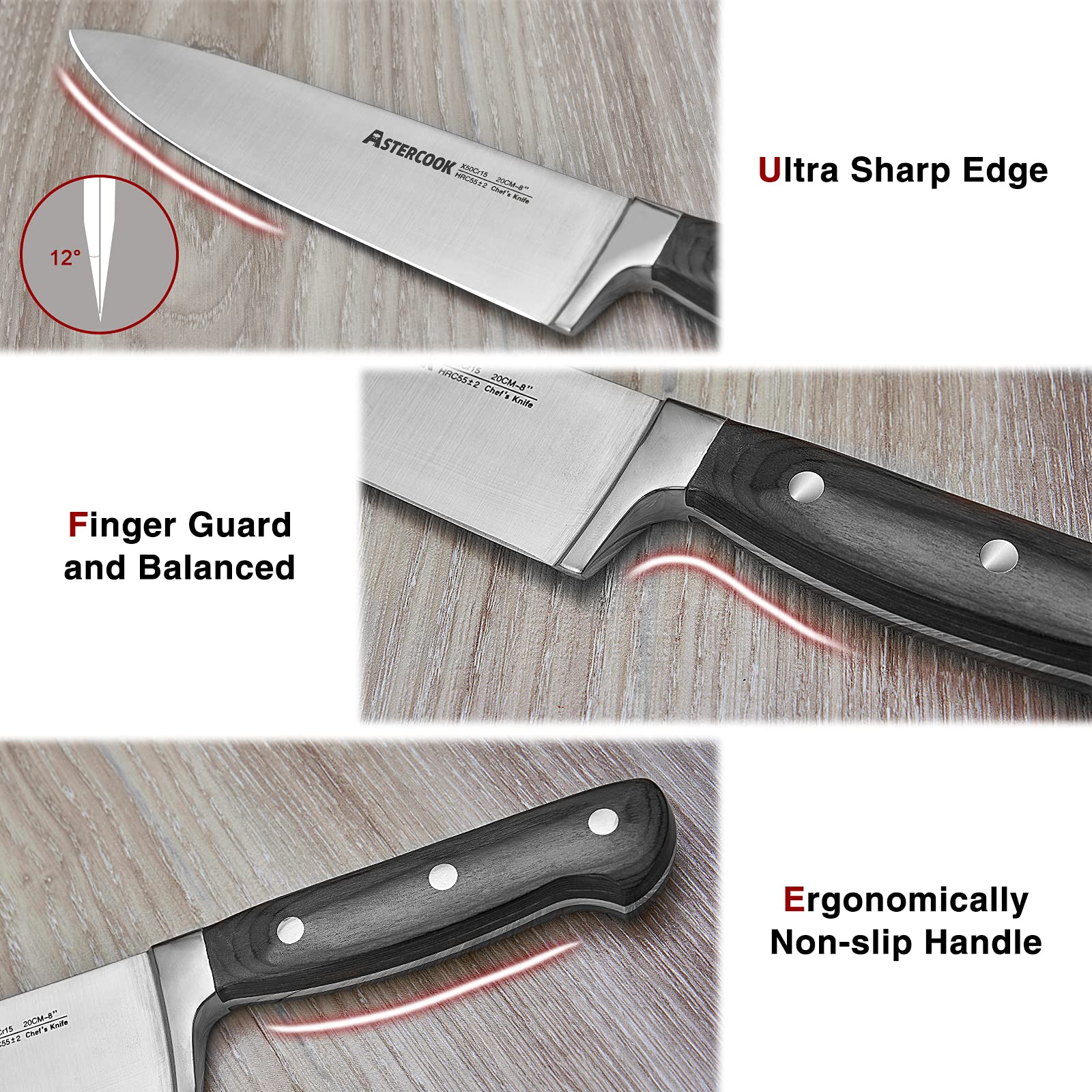 Knife Set, 15 Pcs Kitchen Knife Set With Block, Astercook German Stainless Steel With Scissors, Knife Sharpener and 6 Serrated Steak Knives
