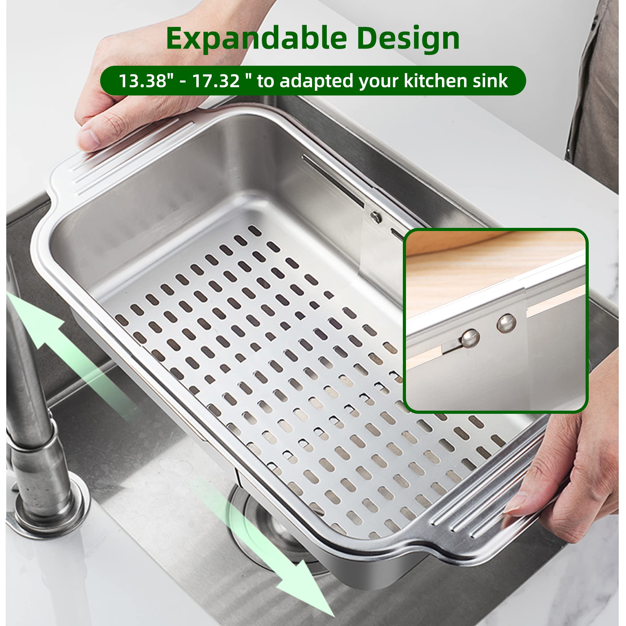 DOXILA Over the Sink Colander Strainer Basket - Kitchen Essentials for New Home-Expandable to Fit Most Sinks - Stainless Steel, Wash Vegetables and Fruits, Drain Cooked Pasta and Dry Dishes