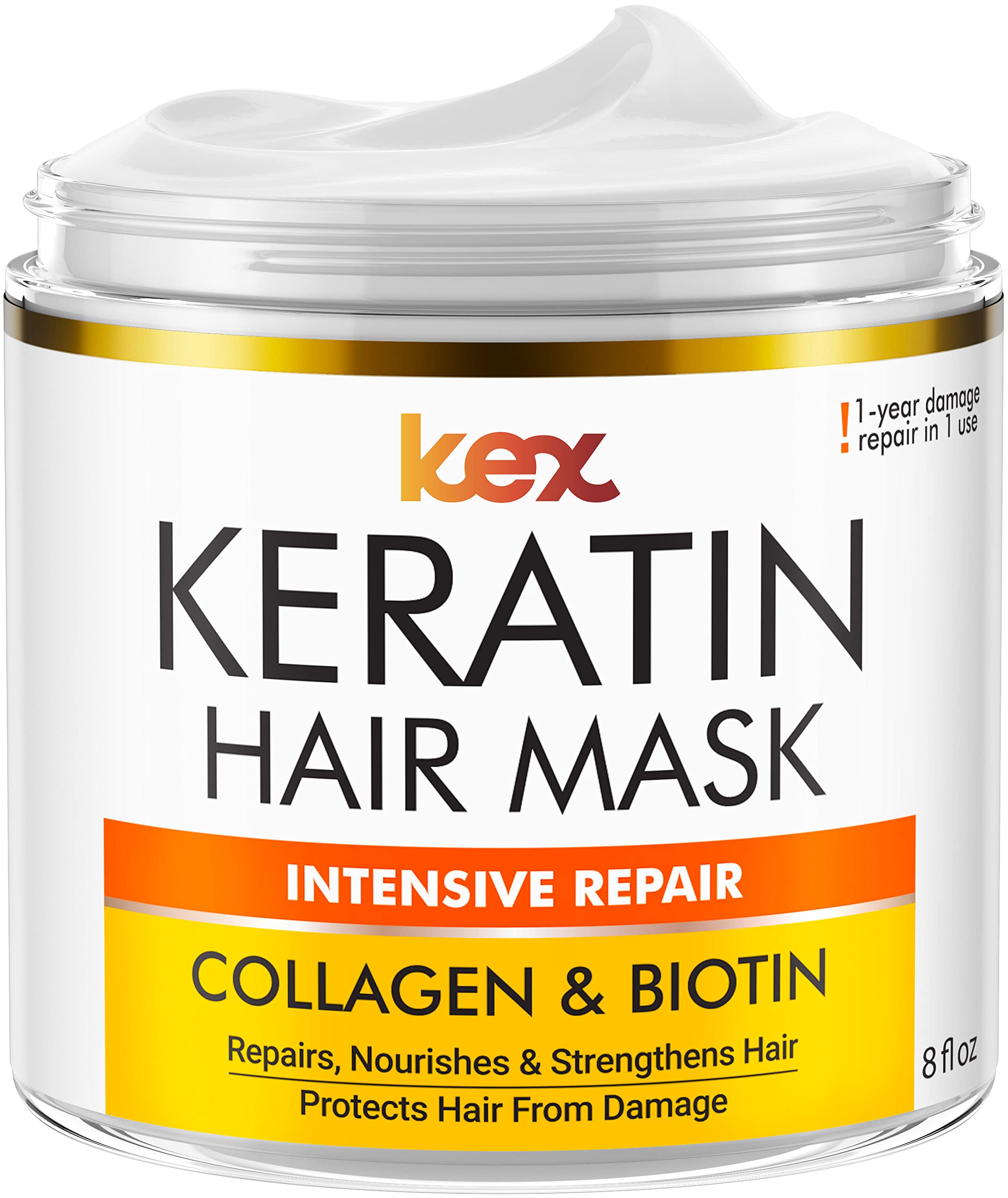 Keratin Hair Mask Made in USA with Natural Collagen & Biotin - Hair Repair Treatment for Dry & Damaged Hair and Growth - Save Color Treated Hair with Enriched Nourishment & Professional Care - 8 oz
