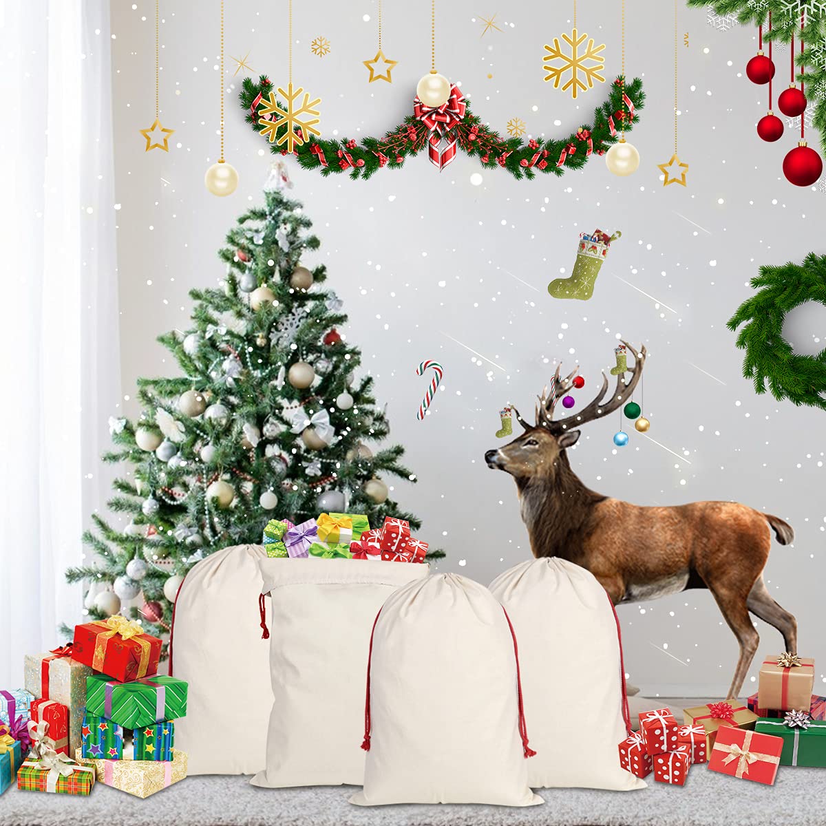 Inspireyee 6 Pack Large Christmas Bag Santa Sacks Xmas Canvas Cotton Xmas Sack Stocking with Drawstrings (Pattern 7, 19.5 X 27.5)