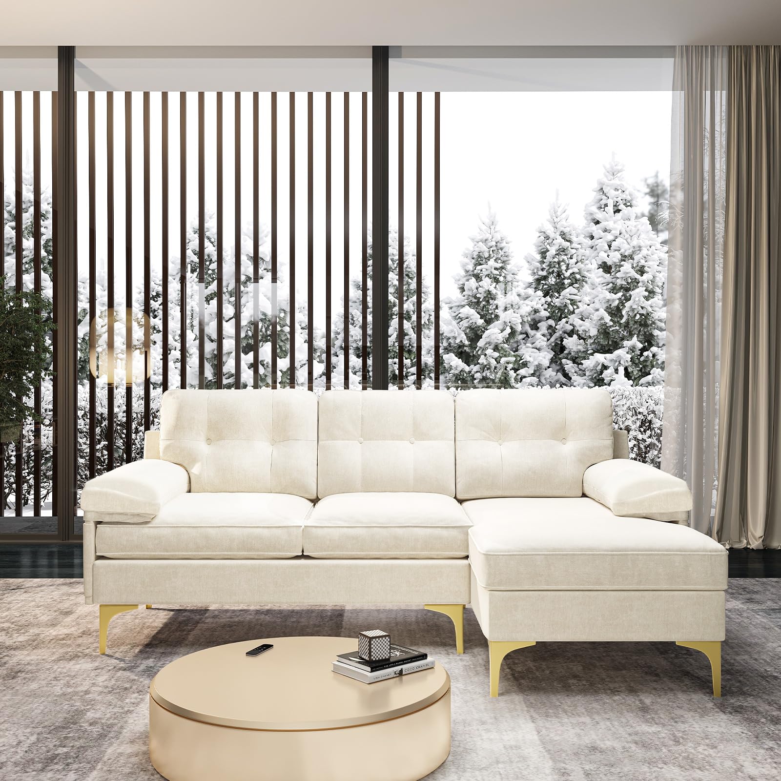 Fiona's magic L Shape Couch with Chenille Fabric, Convertible Sectional Sofa Couch for Living Room with Reversible Chaise, 3-Seat Modern Couch with Removable Cushion for Small Apartment