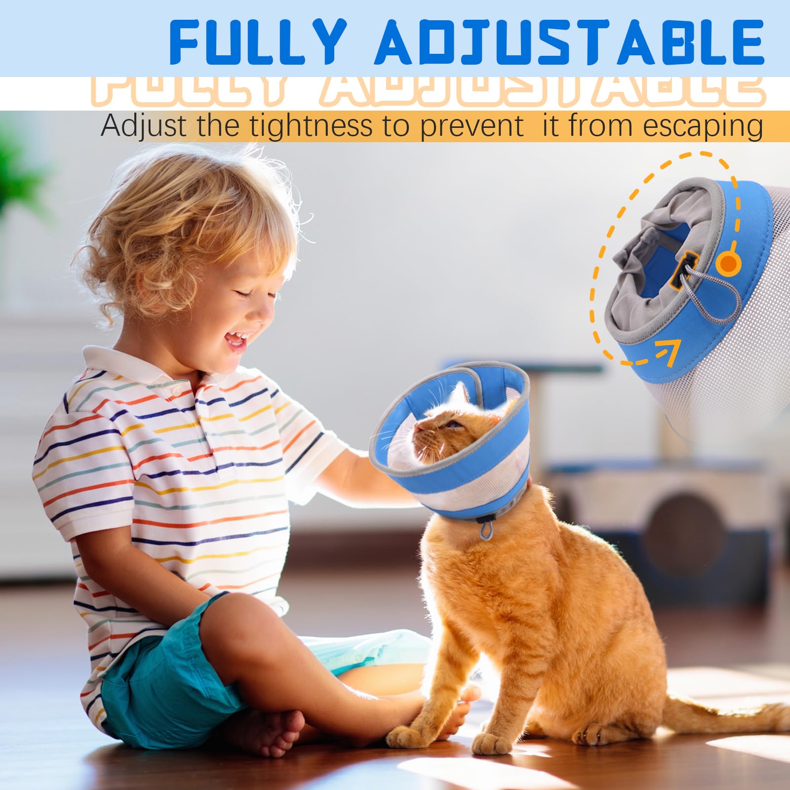 GoGoPaw Cat Cone, Breathable Cat Cone Collar Soft, Adjustable Cat Cone to Stop Licking, Water Resistant Neck Cone for Cats with Air Mesh, Protective Cat Recovery E Collar for Cat Kitten(Blue, M-2