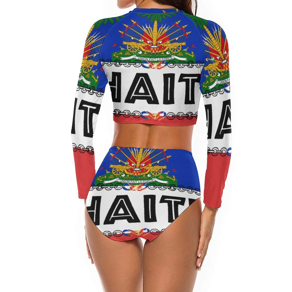 CHILL·TEK Swimsuits Haiti Flag Day Women's Rashguard Long Sleeve UV Rays Protect Wetsuit Two Piece Tankini Sets, Small