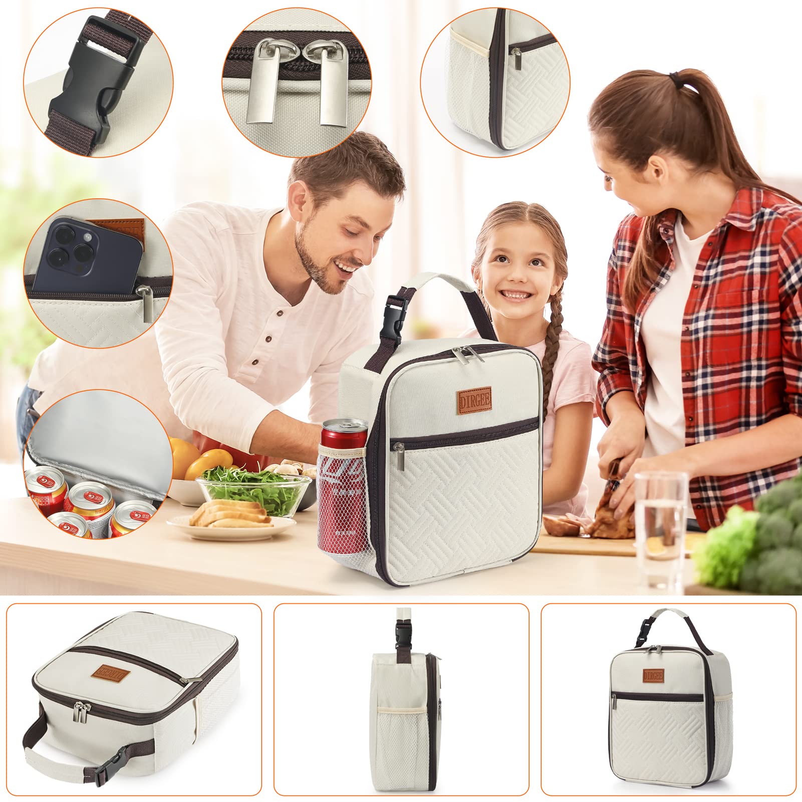 DIRGEE Lunch Bag for Women Insulated Lunch Bag For Men Adults Small Lunch Bag for Office Work - Leakproof Freezable Cooler Bag Reusable Portable Lunch Box (White)