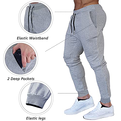 BUXKR Men's Slim Joggers Workout Pants for Gym Running and Bodybuilding Athletic Bottom Sweatpants with Deep Pockets,Light Grey,L
