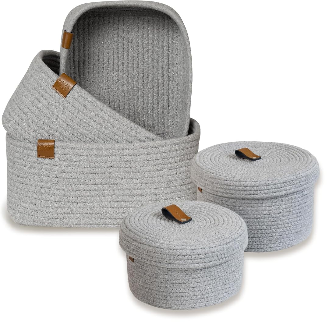 DENJA & CO Decorative Storage Basket Organizer Set of 3 and Round Baskets with Lids Set of 2 (Light Gray)