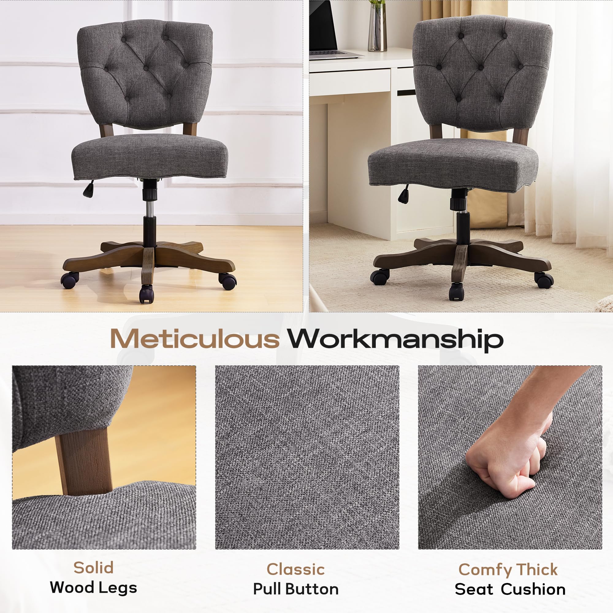 HUIMO Upholstered Swivel Desk Chair Chenille Tufted Fabric Home Office Chair with Wheels Adjustable Height Classic Task Chair with Wooden Legs Comfortable Armless Chair for Studio Study (Grey)