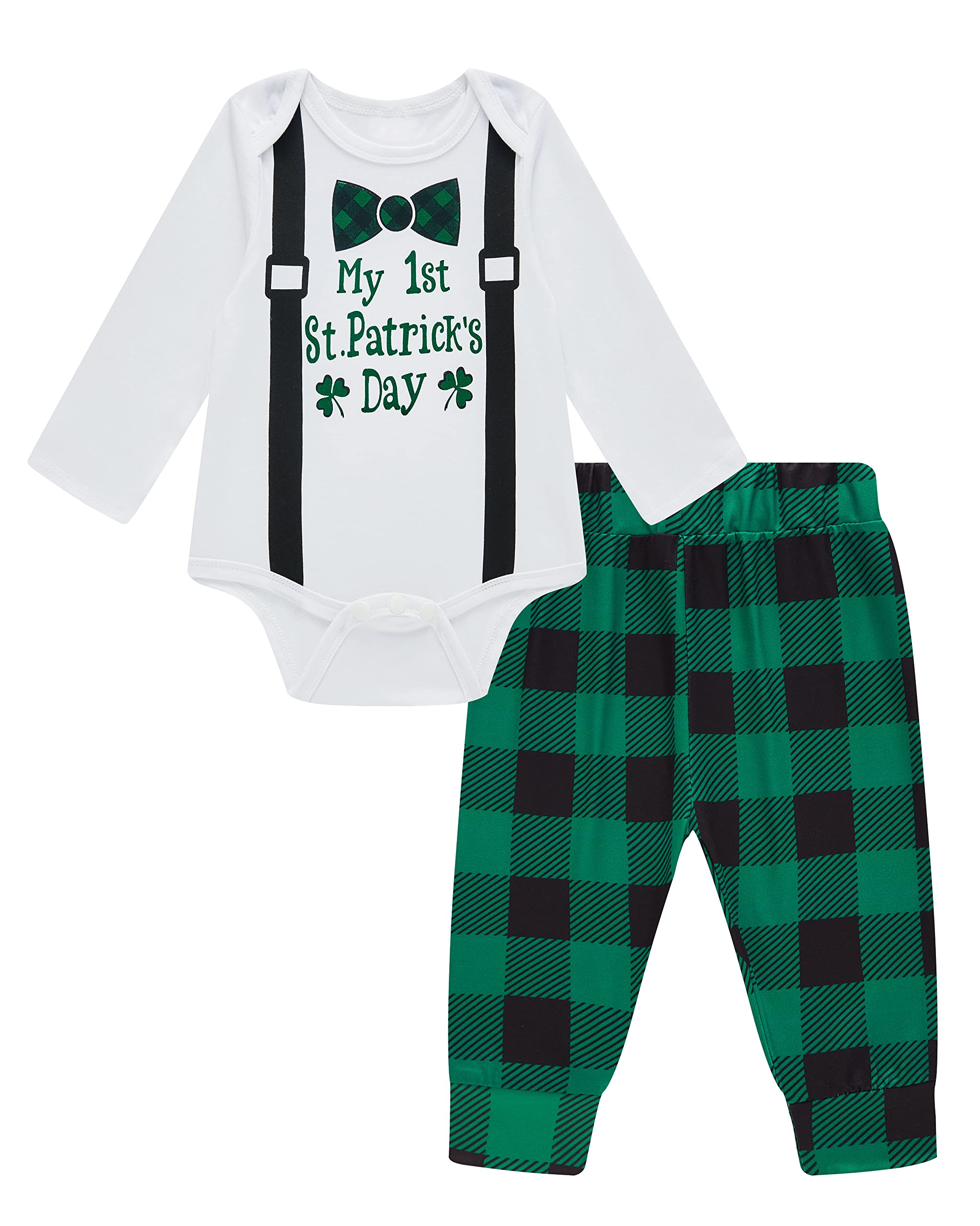 Kewlent Baby Boy Outfits My First St Patrick's Day Clothes Pant Set (Green grid, 0-3 Months)