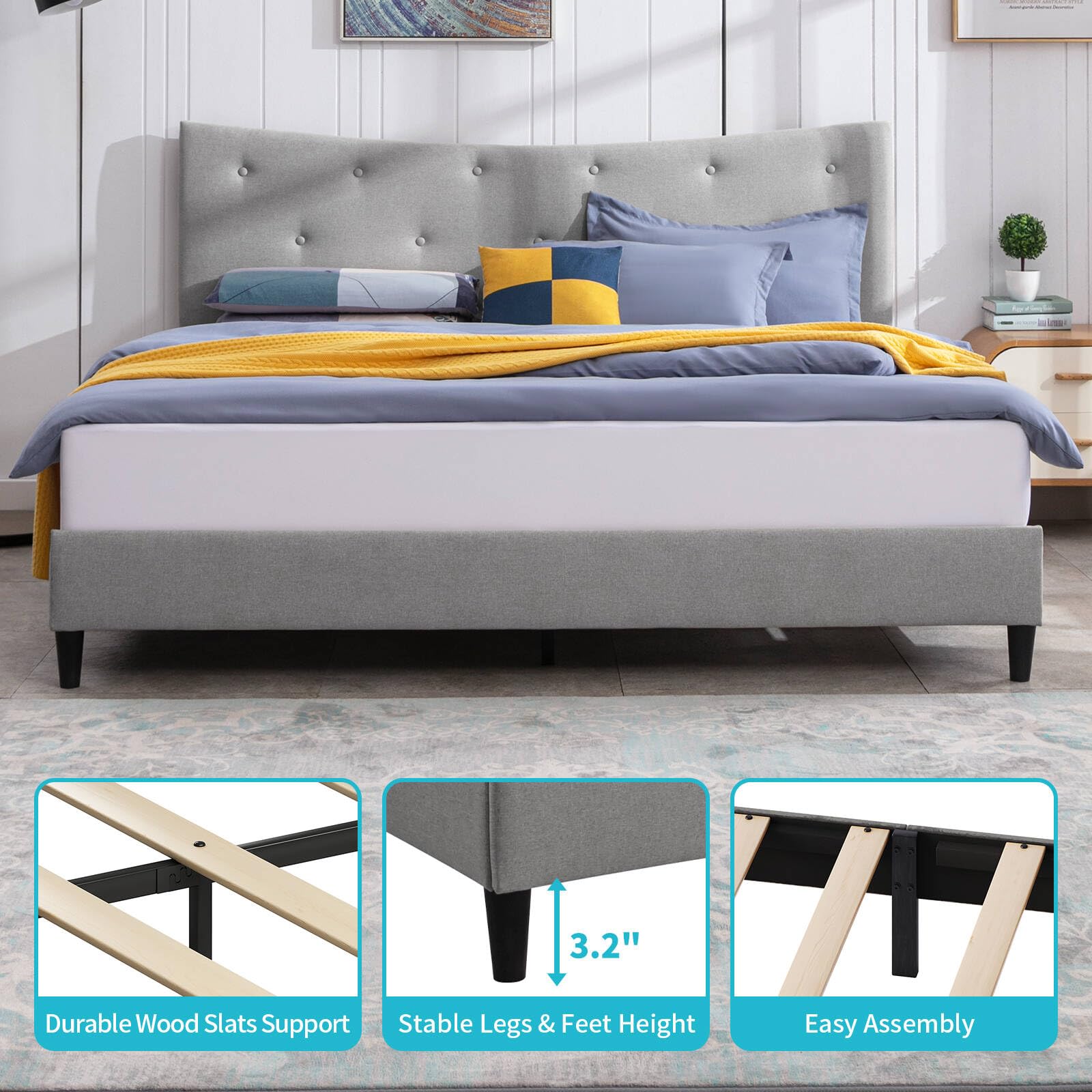 CECER King Size Bed Frame with Adjustable Headboard | Linen Upholstered Bed Frame with Wood Slats for Bedroom | Easy Assembly | No Box Spring Needed-Light Grey