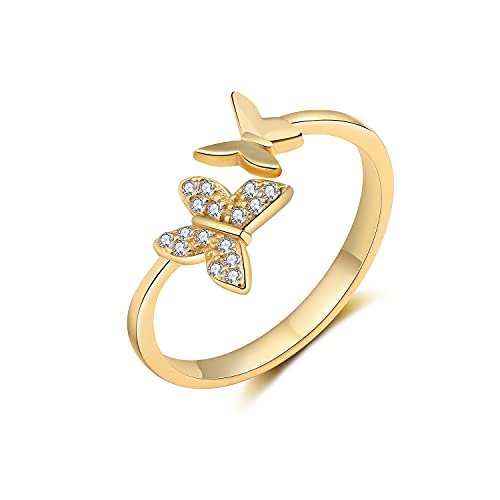 Buyless Fashion Womens Girls Butterfly Ring 14K Gold Plated Adjustable Open Ring Sterling Silver Wedding Band - RNGBTRSG