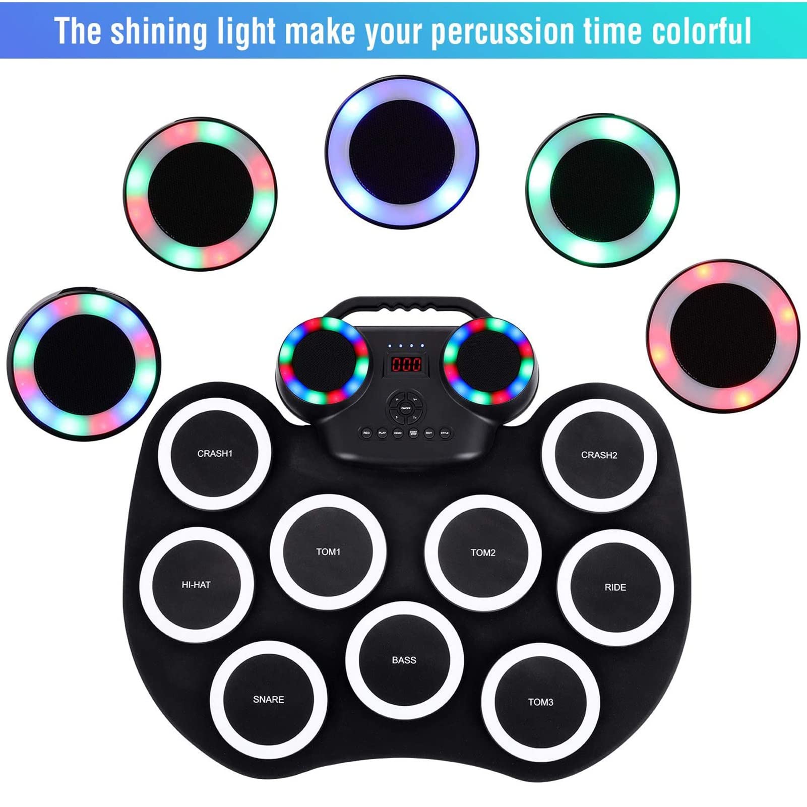 Electronic Drum Kit 9 Pads Roll-up Practice Drum Set With Colorful LED Lights For 10h Playing Built-in Dual Speakers Headphone USB Jack And Foor Pedals Great Chrismas Birthdays Gift For Beginners ( Co