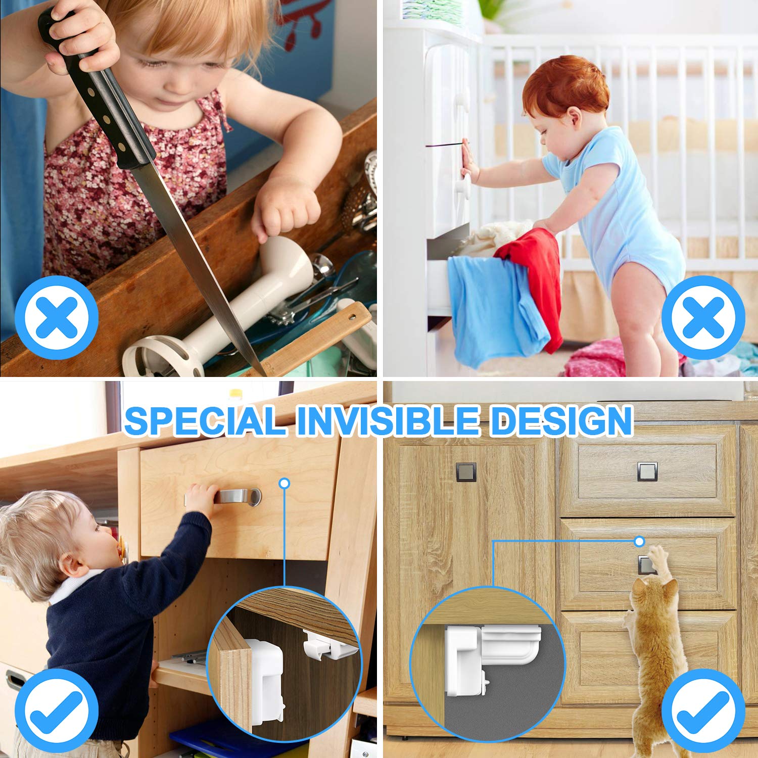 Cabinet Locks for Babies (12 Locks + 3 Keys) Double Key Design Child Locks for Cabinets with Extra Tape & Spare Screws Invisible Magnetic Cabinet Locks for Cabinets, Drawers, Cupboards