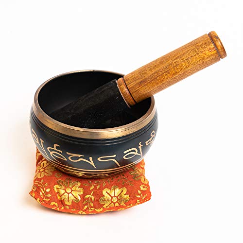 Satnam Tibetan Singing Bowl Set with Mantra Engravings | Meditation Sound Bowl | Handcrafted in India Great for Meditation, Stress & Anxiety Relief & Chakra (4 Inch, Black)