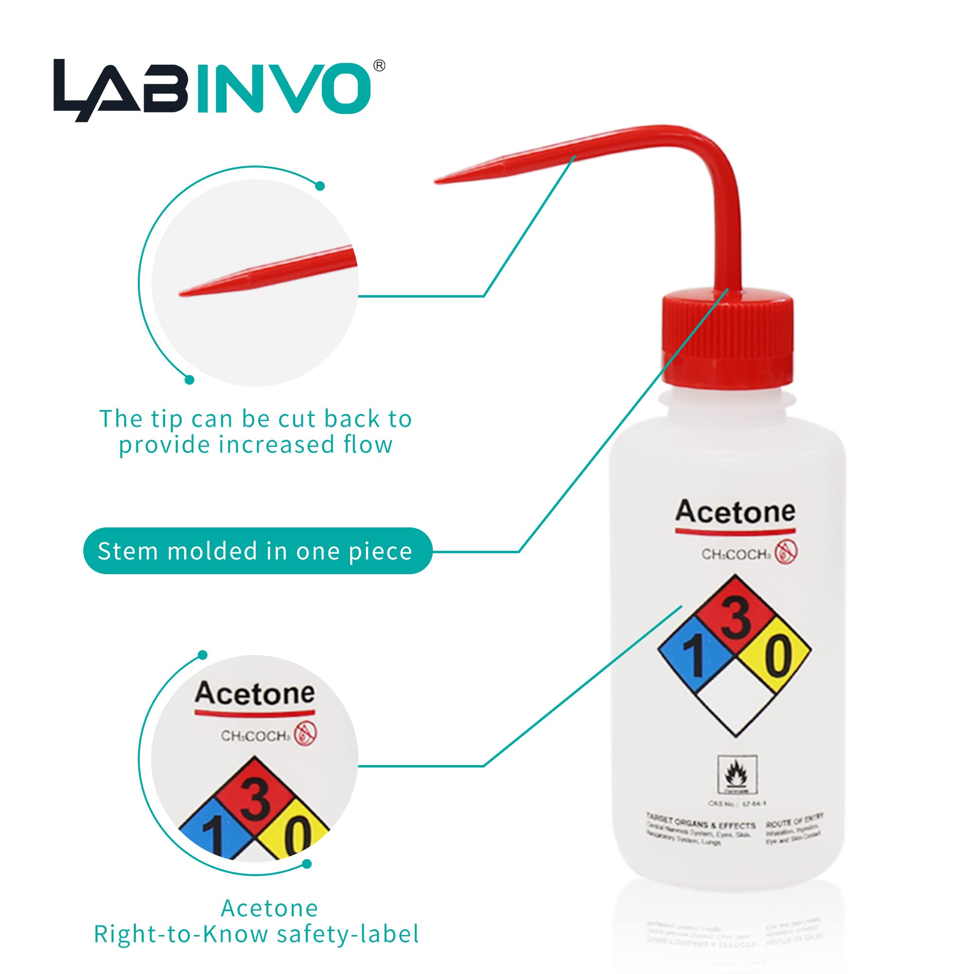 LABINVO 4pcs of Acetone Wash Bottles, Vol.500ml (17oz), Narrow Mouth, Self-Venting Safety Wash Bottles, LDPE Material, IN-WBA500
