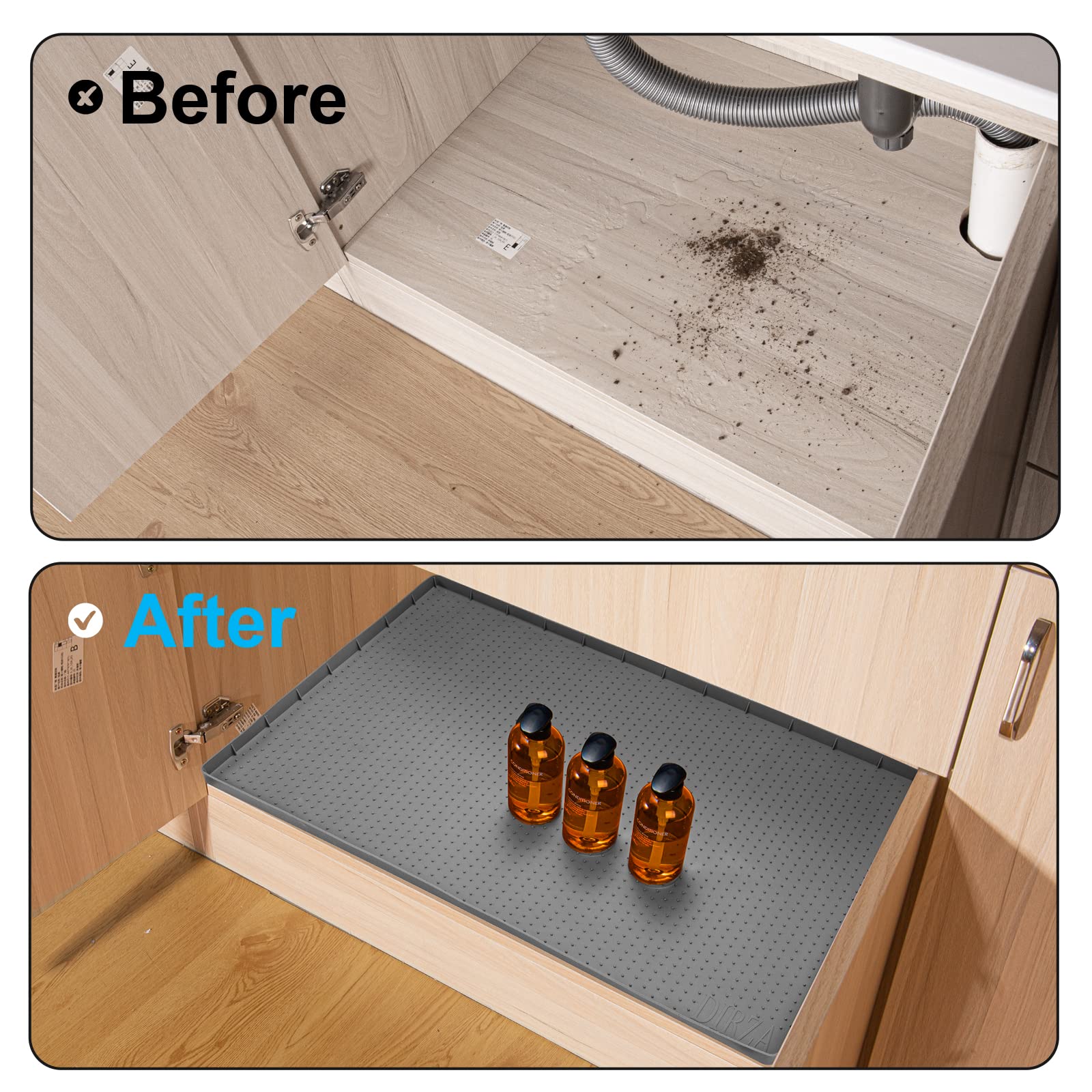 Dirza Under Sink Mat for Kitchen Waterproof 34" x 22" Flexible Silicone Under Sink Tray For Drips, Leaks, Spills,1" Height Hold up to 3.3 Gallons of Water Gray