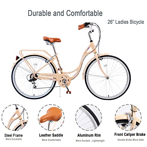 CIATRE 26 inch Bike, Women's Beach Cruiser Bike, Strong Steel Frame, 7 Speed, (Pink)