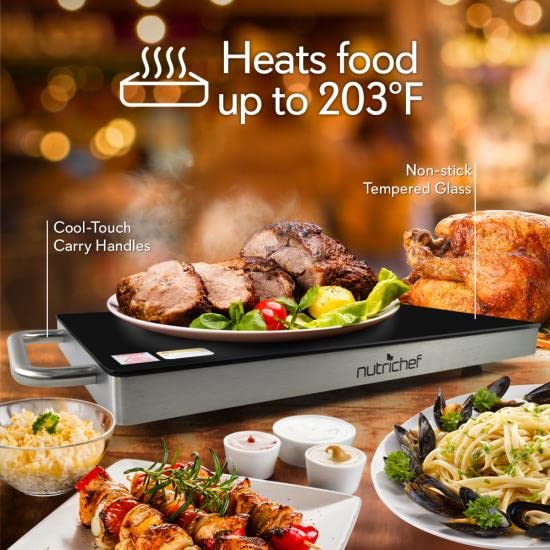 NutriChef Stainless Warming Hot Plate - Keep Food Warm w/ Portable Electric Food Tray Dish Warmer w/ Black Glass Top, For Restaurant, Parties, Buffet Serving, Table or Countertop Use - AZPKWTR45,White