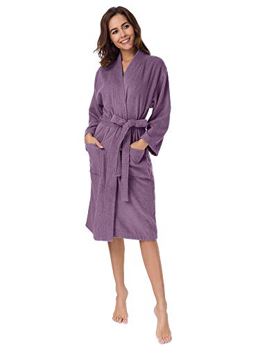 SIORO Terry Cloth Robe for Women Kimono Long Cotton Bathrobe for Spa Shower Hot Tub Hotel, Soft Absorbent Fuzzy Towel Robe bata de baño with Pockets, Plum Medium