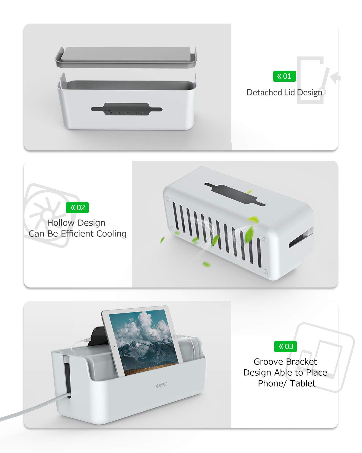 Cable Management Box, ORICO Power Strip Box with Tablets Holder(17 x 7 x 6 Inches), Extral Large Hide Cable Box for Home and Office-Grey