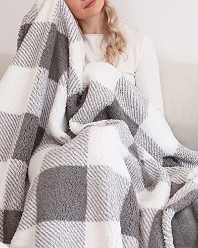 Panku Plaid Sherpa Throw Blanket with Solid Plush Reverse, Reversible Soft Fleece Checkered Blanket for Couch and Bed, Cozy and Warm Fuzzy Blanket, Grey Plaid, 50x60 Inches