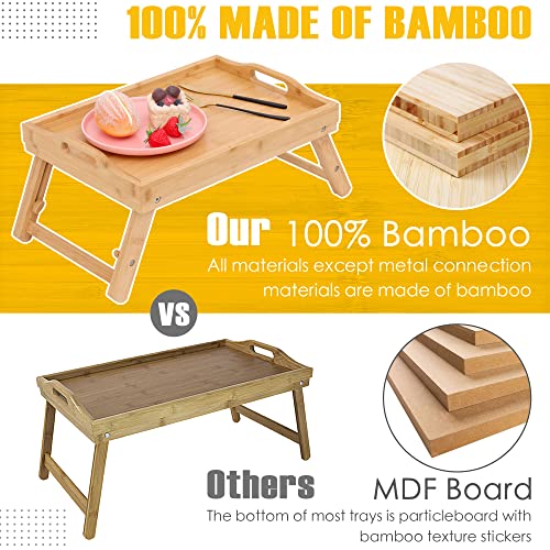 JESSILIN HOME Bamboo Bed Tray Table, Breakfast Tray for Eating with Folding Adjustable Legs & Handles, Whole Bamboo