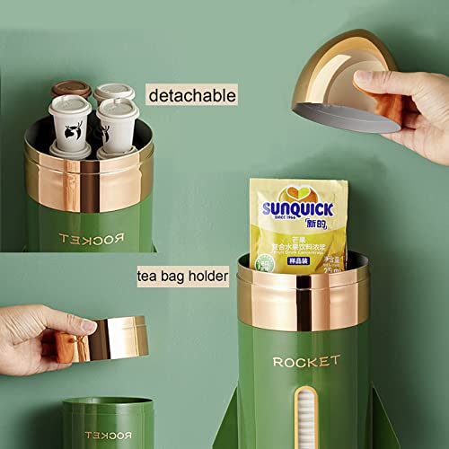 Jaugufiy Rocket Shape Disposable Paper Cup Dispenser Wall Mounted Cup Storage Disposable Cup Holder with Tea Bag Storage Box for Home Office (Green)