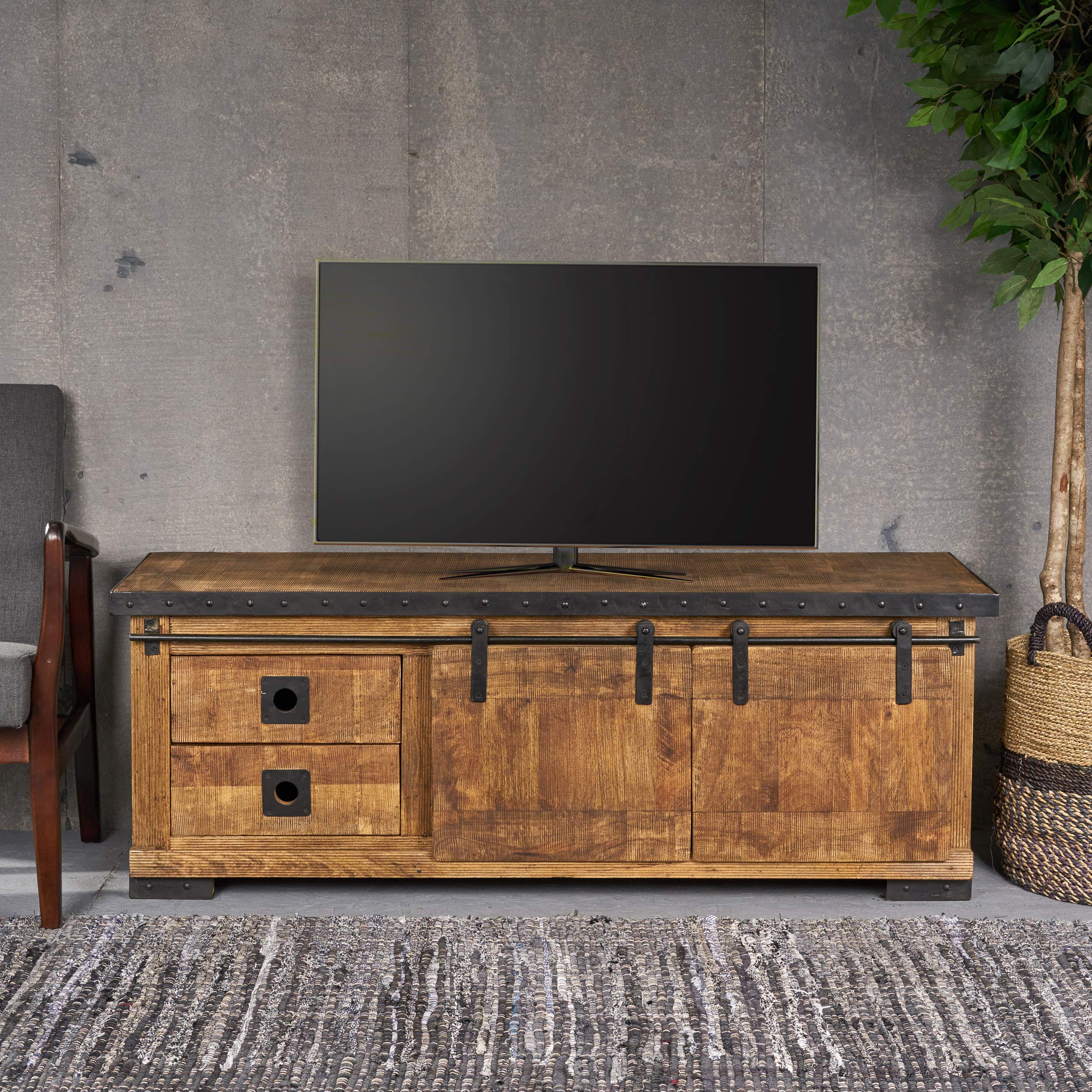 Christopher Knight Home Madge Modern Industrial Mango Wood TV Stand, Natural Finish, Black