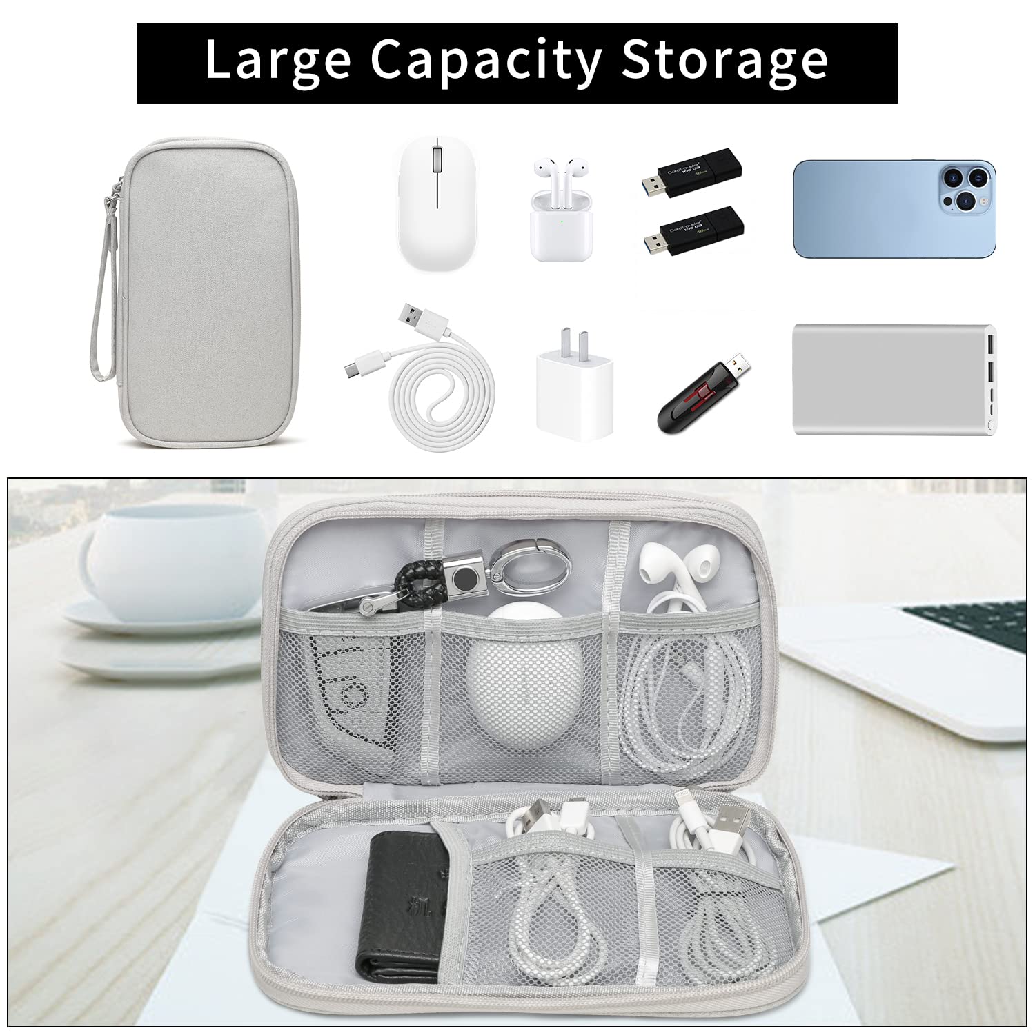 Electronics Organizer Travel Case, Small Cable Organizer Bag, Electronic Accessories Carry Case Water Resistant Double Layers Tech Storage Bag, Travel Essentials for Cord, Charger, Earphone, Grey