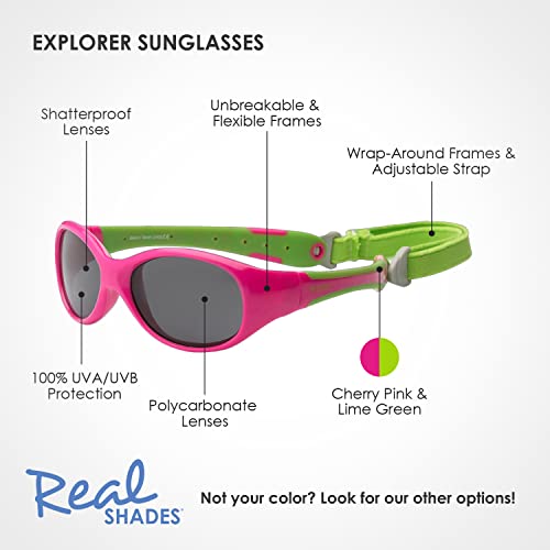 REAL SHADES Unbreakable Kids Sunglasses - 100% UV Protection and Shatterproof Lens with Adjustable Strap for Boys and Girls, Cherry Pink/Lime Green, Baby 0+