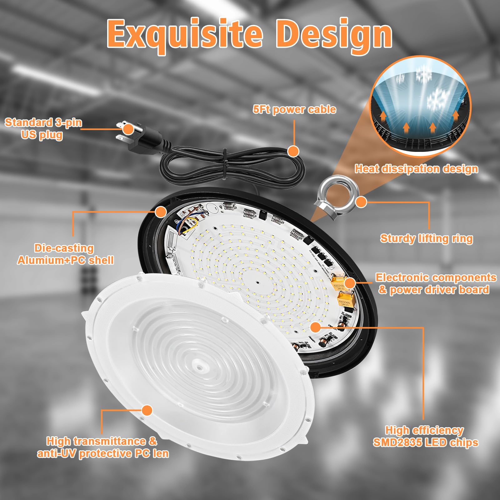 Flyship UFO LED High Bay Light, 150W High Bay LED Shop Lights 21000LM 5000K, UFO LED High Bay Light for Garage Warehouse Workshop Factory Gym Barn, 5Ft Power Cord, IP65 Waterproof, 4 Pack