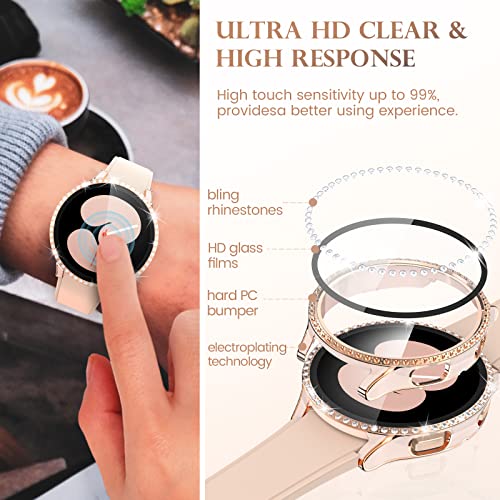 Goton for Samsung Galaxy Watch 5 & 4 Screen Protector 40mm Bling Case Accessories, Crystal Diamond Protective Cover with Tempered Glass Film for Galaxy Watch4 40 mm Pink/RG