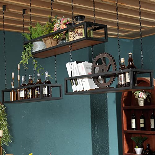 Guuurrrg Ceiling Mount Shelf Simple Style Iron Hanging Wine Glass Rack, 2 Layer Ceiling Decoration Shelf with Adjustable 100cm Iron Chain, for Bars, Restaurants, Kitchens (Black 120 x 25 x 22cm)