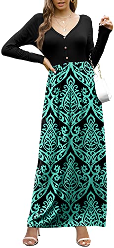 GRECERELLE Women's Long Sleeve Casual V Neck Plain Floral Print Maxi Dresses with Pockets Long Dress