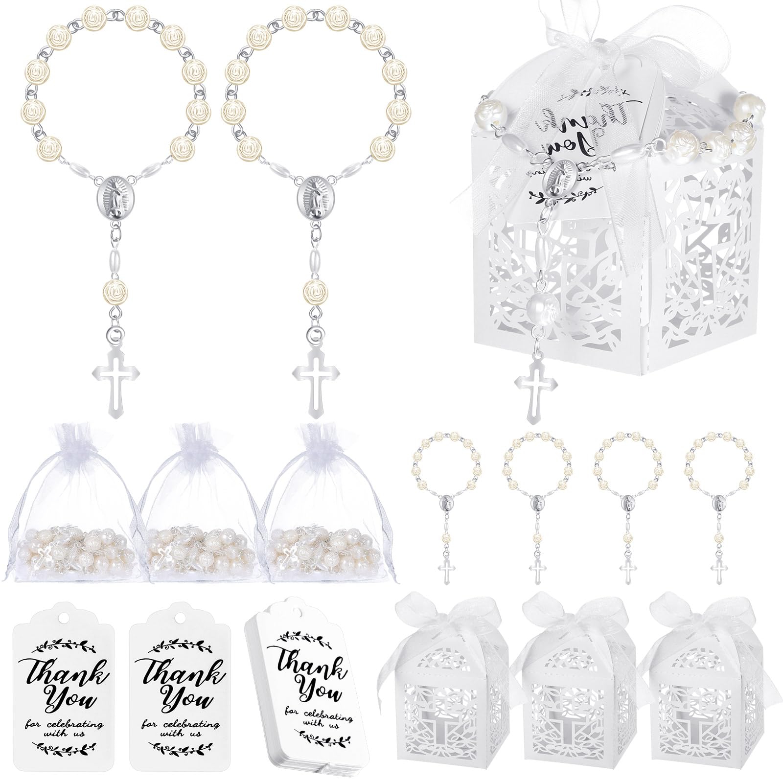 Huquary 100 Pcs Baptism Favors Set Includes 25 Mini Rosary Baptism Favors 25 Baptism Favor Boxes 25 White Organza Bags with Drawstring 25 Thank You Tags for Baby Shower Wedding Christian Gift (Silver)