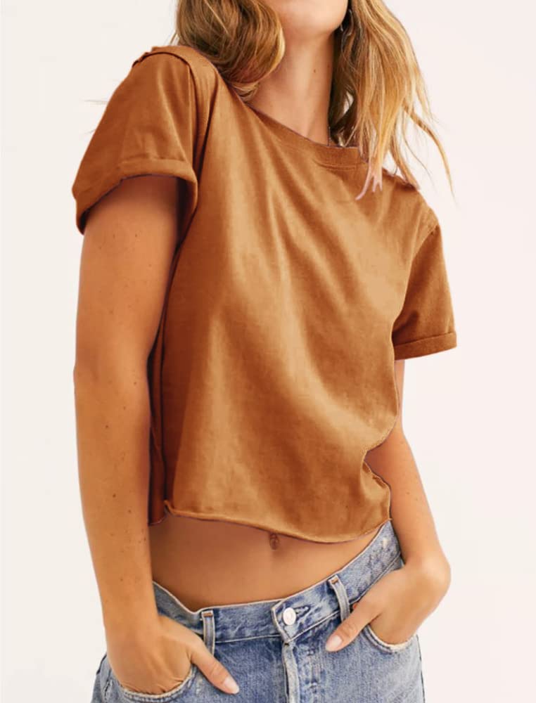 Carpetcom Women's Soft Casual Loose Fit Short Sleeve Tee Shirts Soild Basic Simple Gym Yoga Running Workout Cute Crop Tops Camel