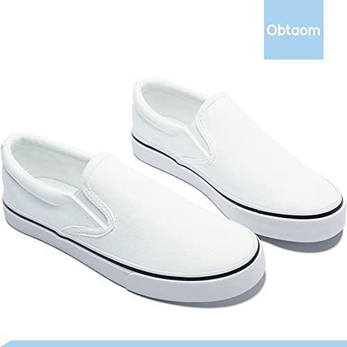 Obtaom Women's White Sneakers Black Slip on Shoes for Women Low Top Canvas Shoes Loafers(White US5)