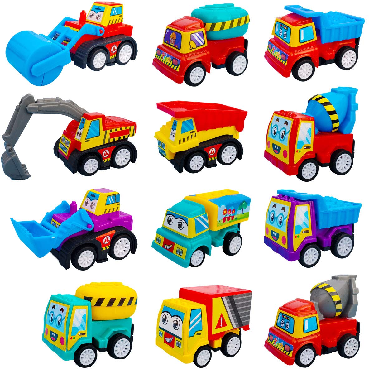 Tonmp Pull Back Vehicle Car, 12 Pack Assorted Mini Construction Plastic Vehicle Set, Pull Back Truck and Car Toys for Boys Kids Child Party Favors,Pull Back and Go Car Toy Play Set