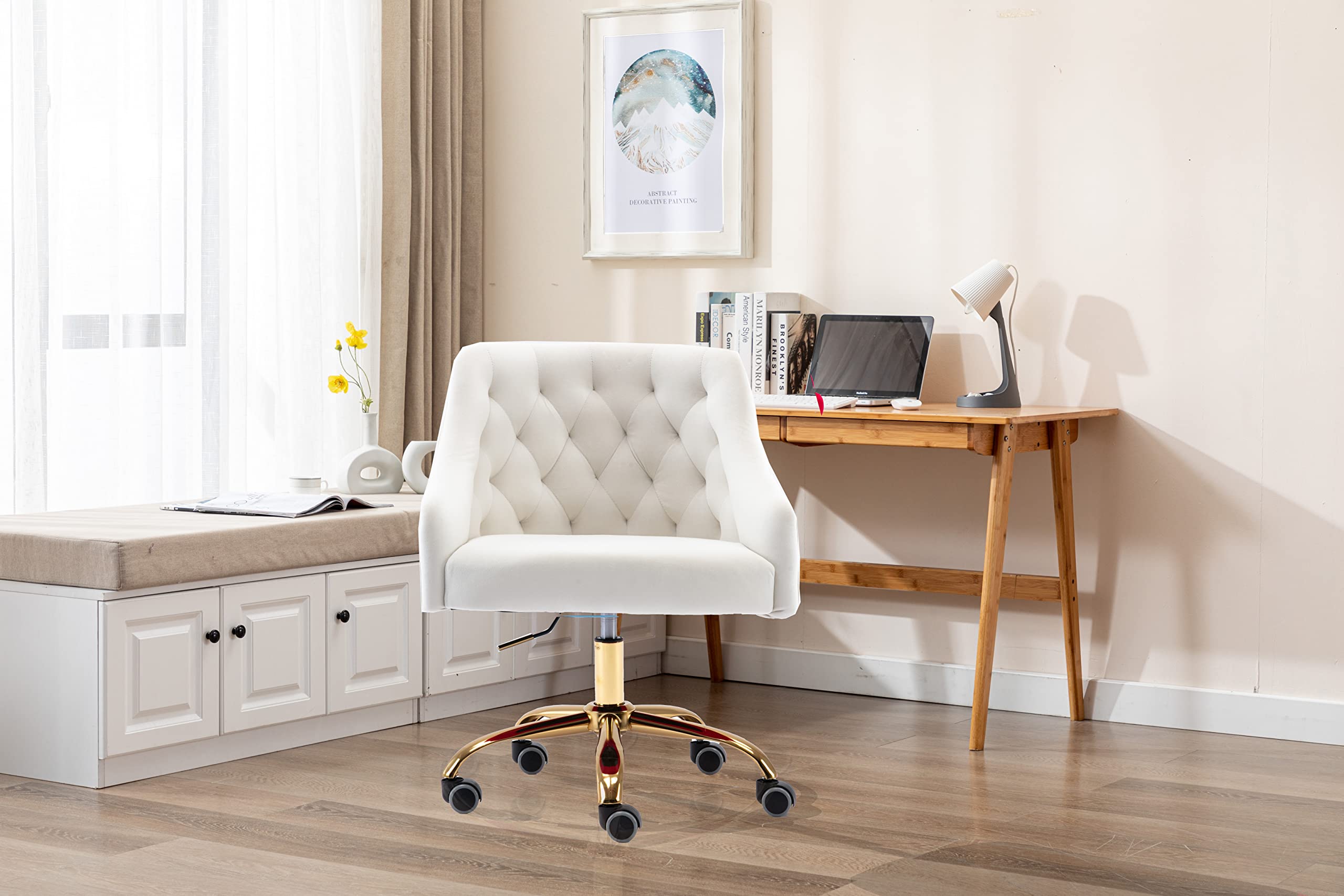 hegmentine Modern Home Office Chair Desk Chair Task with Wheels Swivel Vanity Chair Makeup Chair Height Adjustable Chairs Velvet Living Room, Bedroom(White)