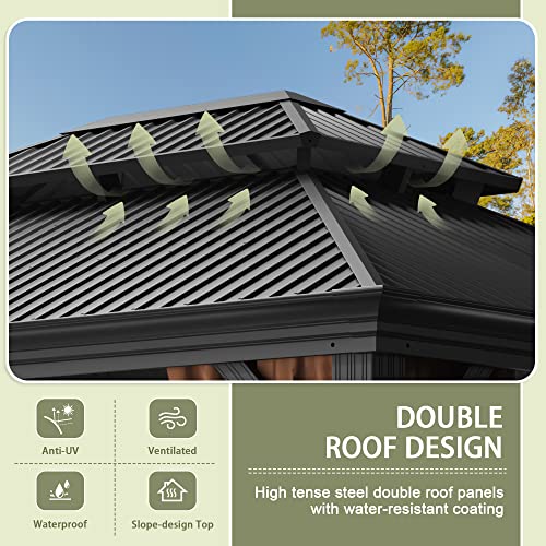 Greesum 10'x12' Hardtop Metal Gazebo, Outdoor Galvanized Steel Double Roof Canopy, Aluminum Frame Permanent Pavilion with Netting and Curtains for Patio, Backyard, Deck and Lawns