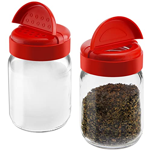 Spice Shaker Jar For Salt And Pepper/Parmesan Cheese/Seasoning Shaker, With Dual Flap Lid Perforated And Pouring Top - 6 Oz Glass Seasoning Shaker - Set of 2- Red