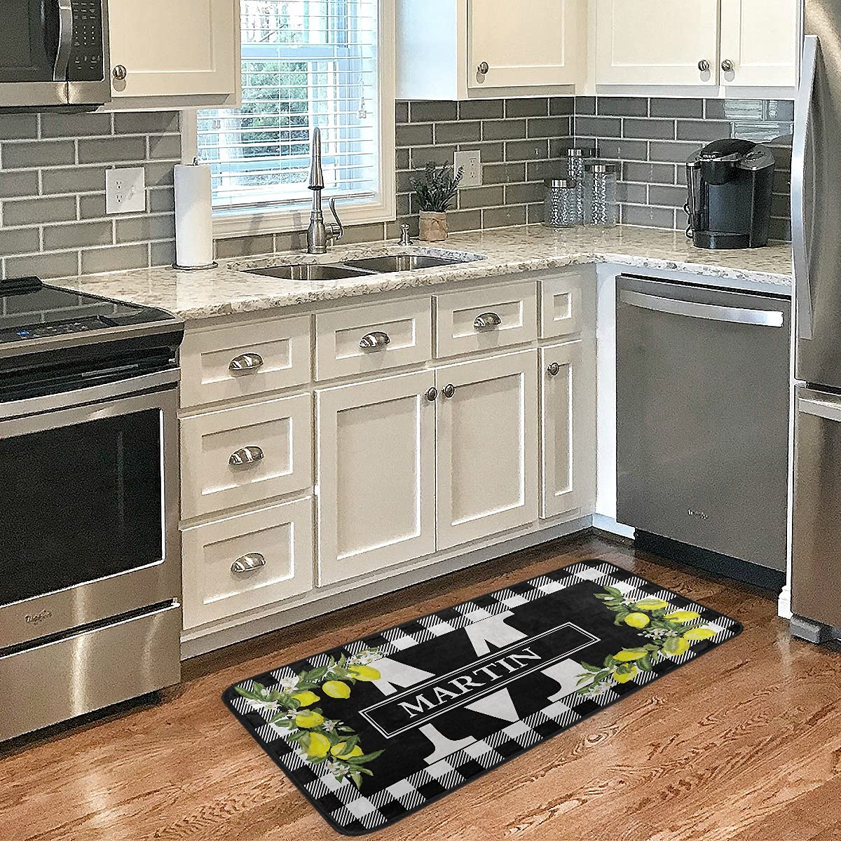 Custom Family Name Buffalo Plaid with Lemon Doormat Non-Slip Anti Fatigue Personalized Kitchen Rug 39 x 20 Inch Personalized Comfort Entryway Door Mats Perfect Carpet for Home Decor
