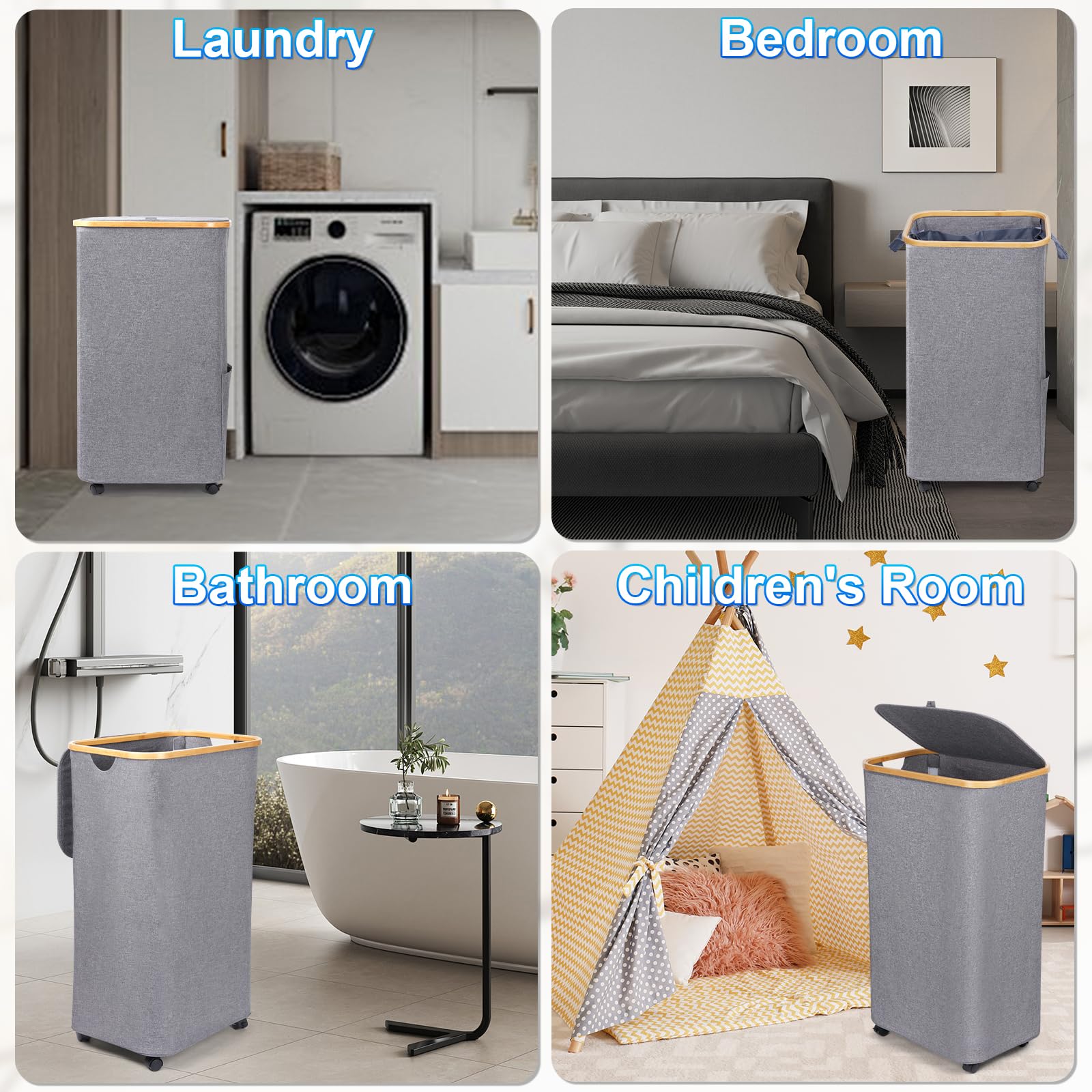DoReFaSol Large Laundry Basket with Wheels,100L Hampers for Laundry,Freestanding Laundry Hamper with Lid and Bamboo Handles,Collapsible & Waterproof Tall Cloth Hamper for Dorm Family(Grey)